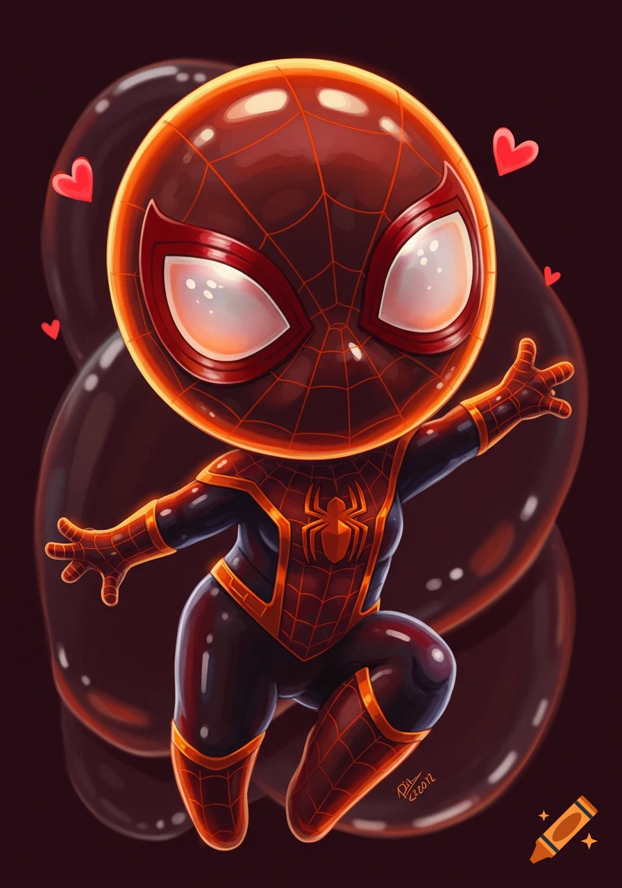 A cute chibi Miles Morales Spider-Man in a shiny dark red and orange ...