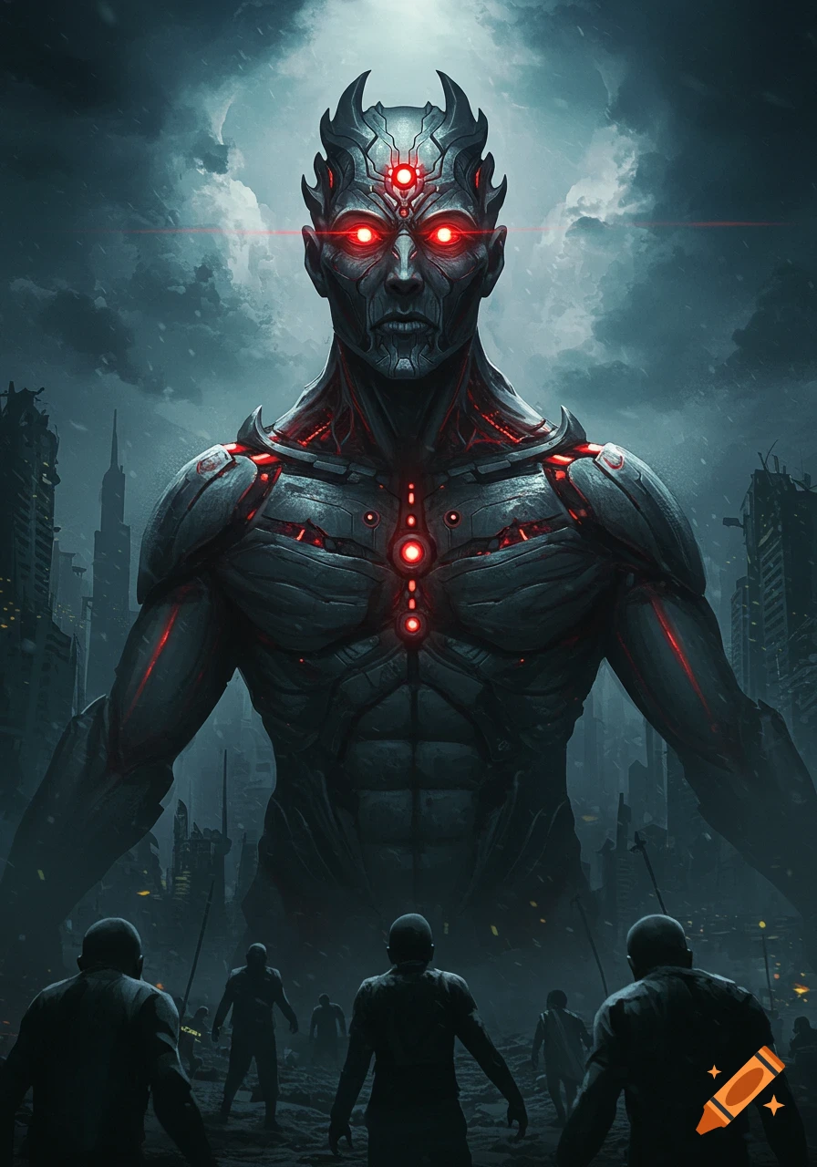 A gigantic armored humanoid villain with glowing red eyes and body ...