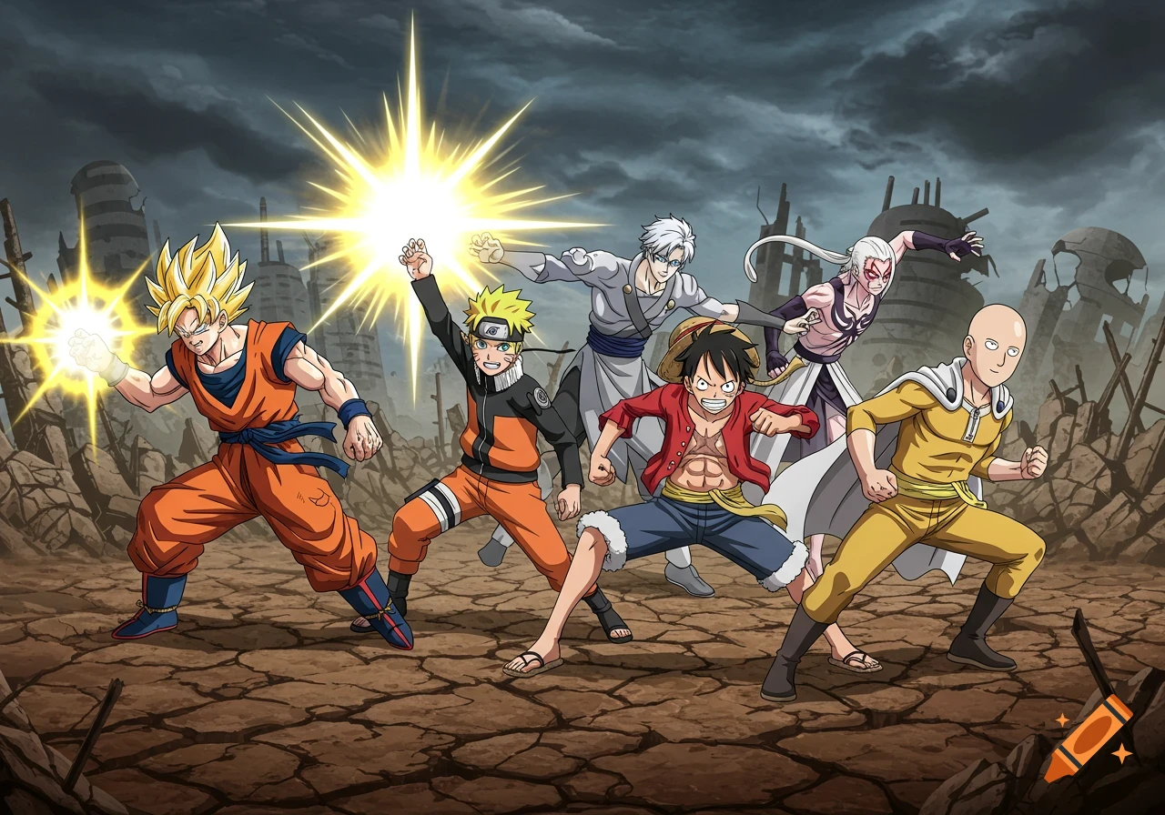 Goku, Naruto, Luffy, Saitama, and two other anime characters stand in ...