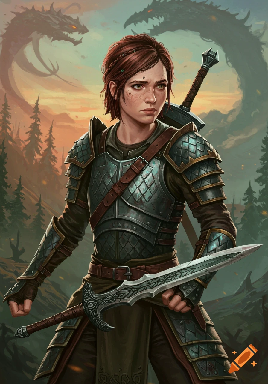 A female fantasy warrior in detailed scale armor holds a sword, with ...