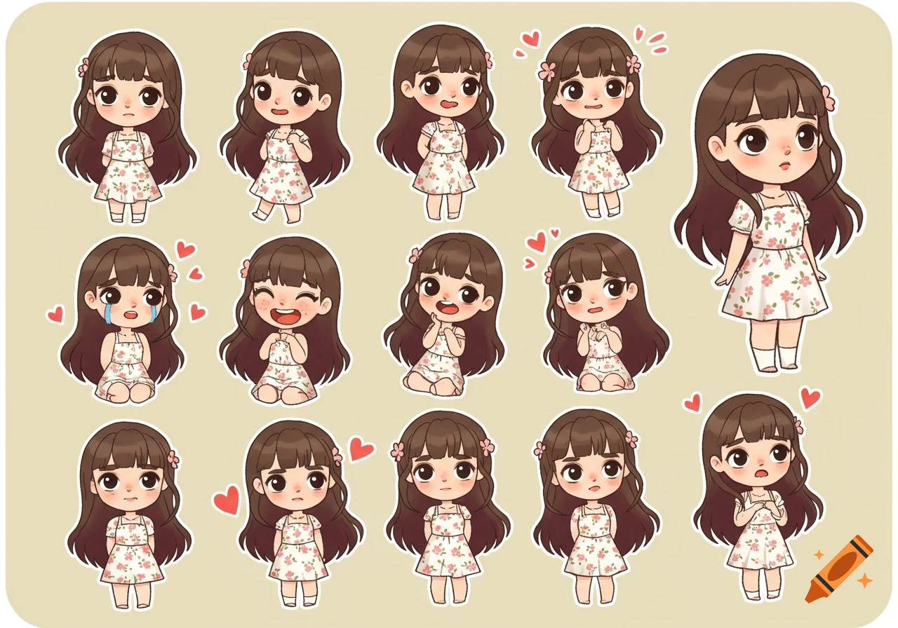 A grid of 15 chibi girl stickers with brown hair and floral dresses ...