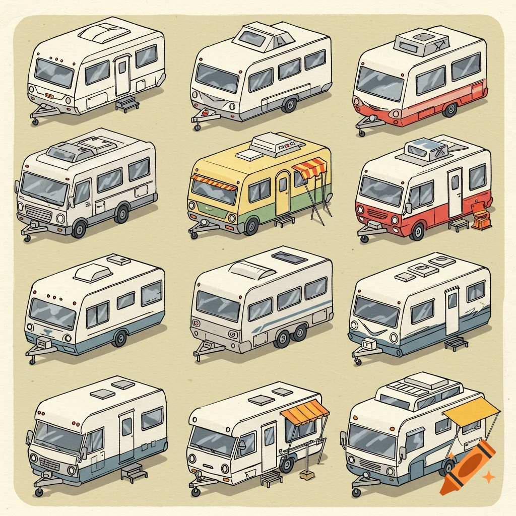A grid of twelve cartoon-style isometric illustrations featuring ...