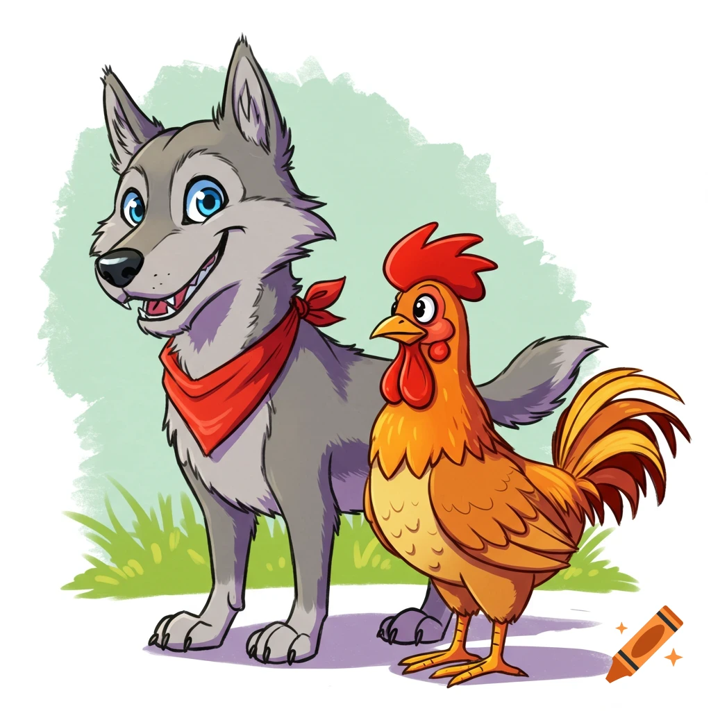 A cartoon gray wolf with a red bandana stands beside an orange rooster ...