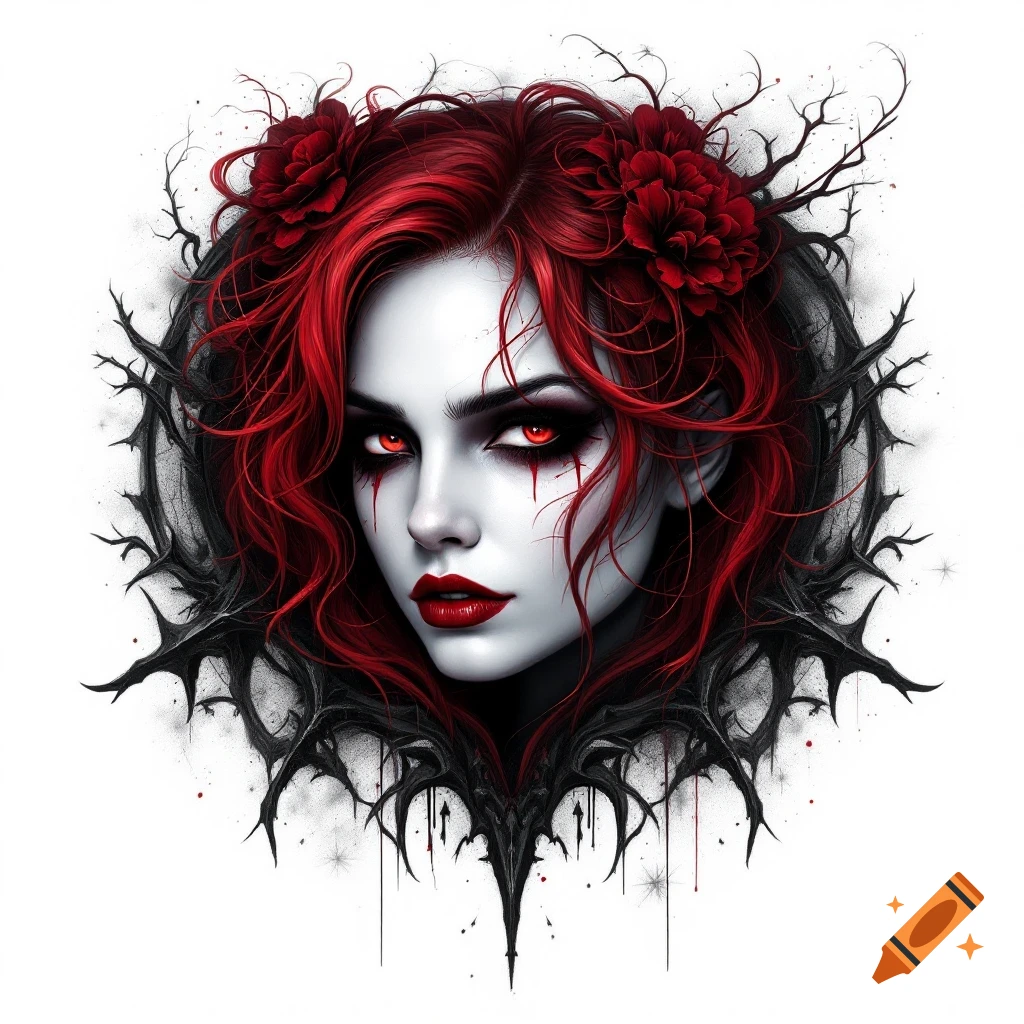 A gothic woman with fiery red hair, pale skin, red eyes, and dark ...