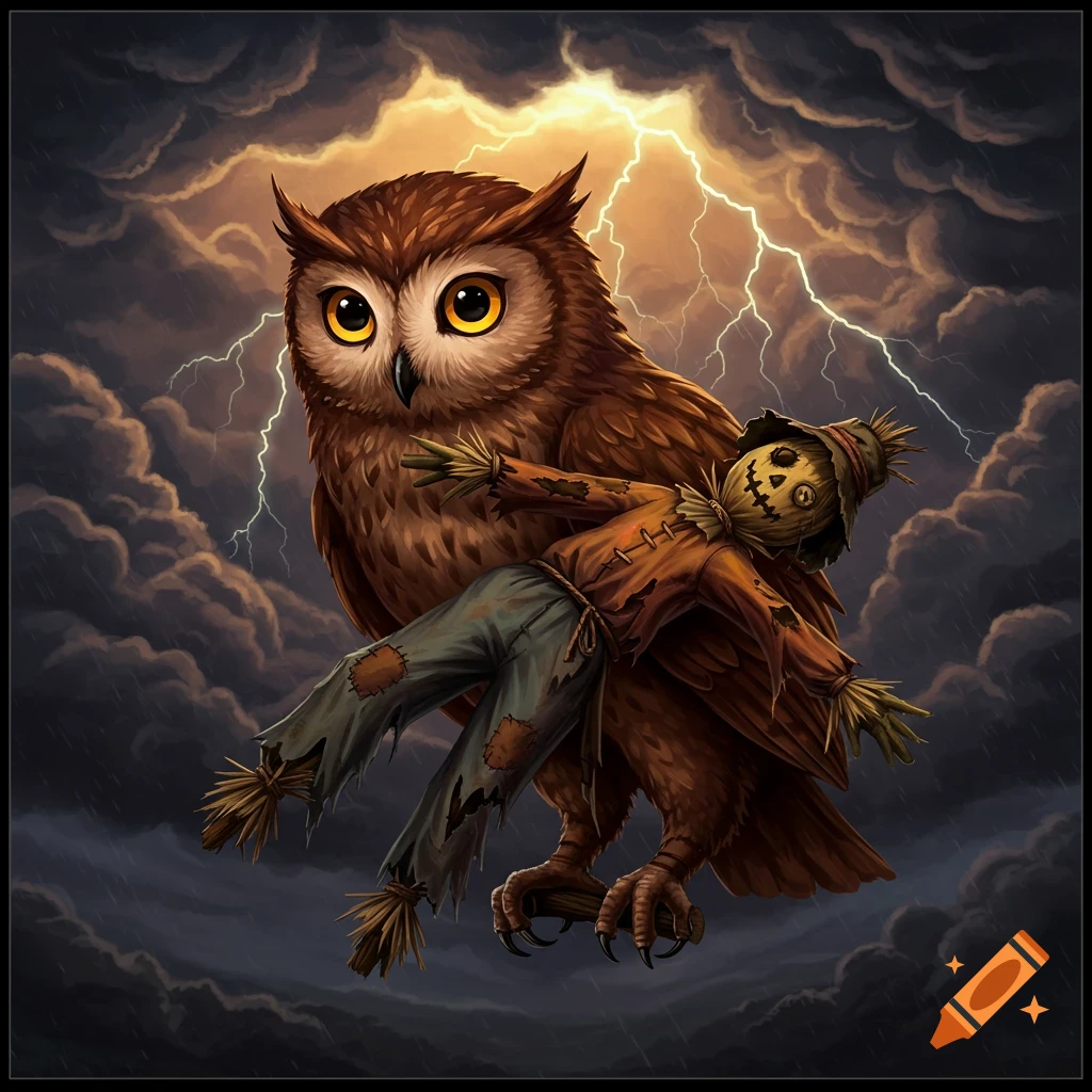 A detailed illustration of a large brown owl carrying a scarecrow under ...
