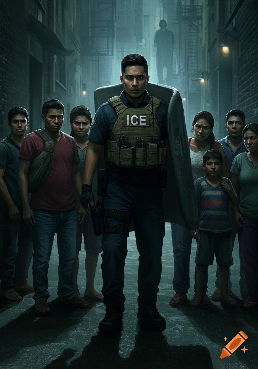 A determined ICE agent in a tactical vest stands in a dark urban alley ...