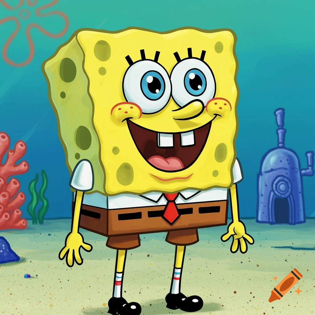 Spongebob SquarePants stands smiling widely underwater on the sandy ...