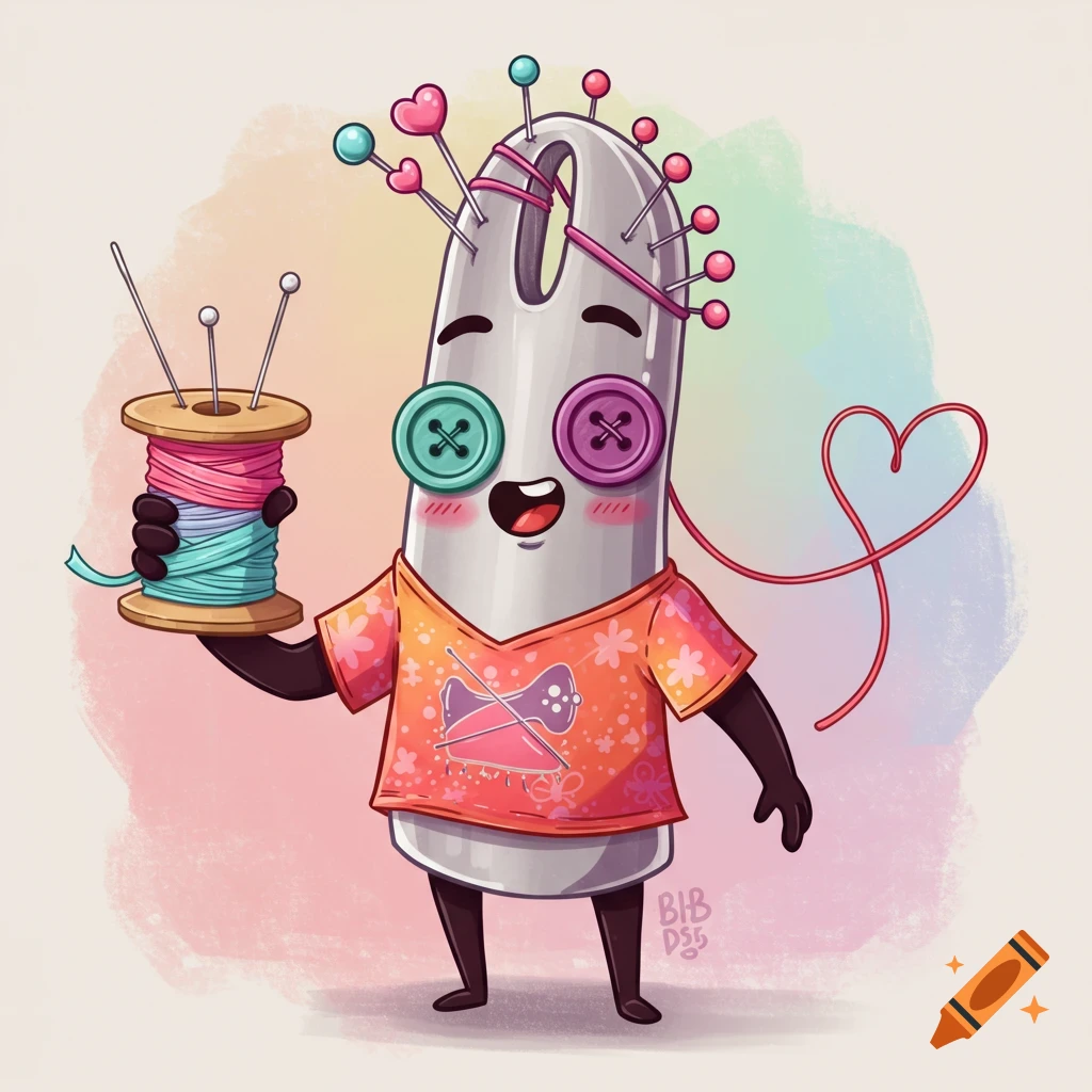 A cute cartoon sewing needle character with button eyes and pins in its ...