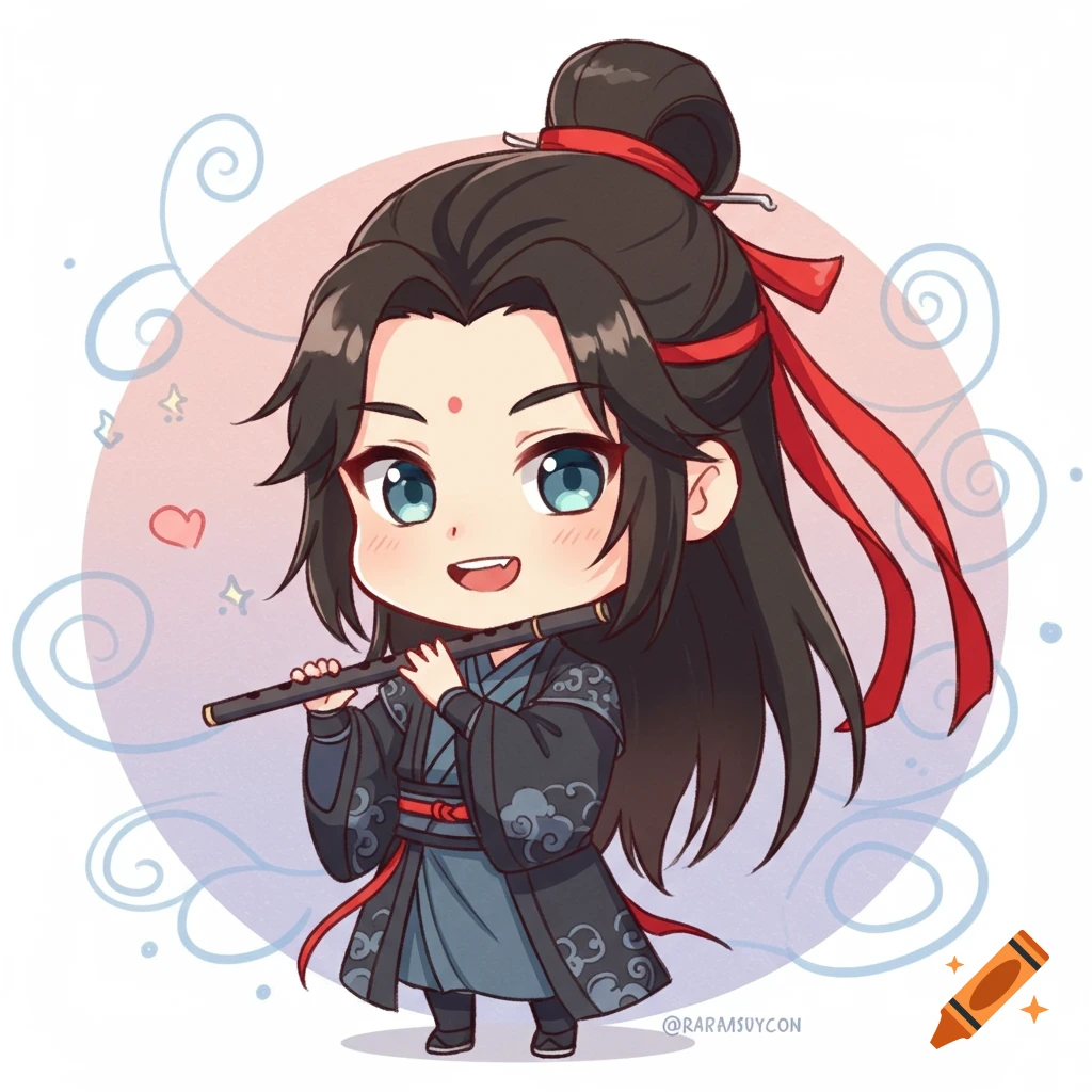 A smiling chibi character with long dark hair, red ribbons, and black ...