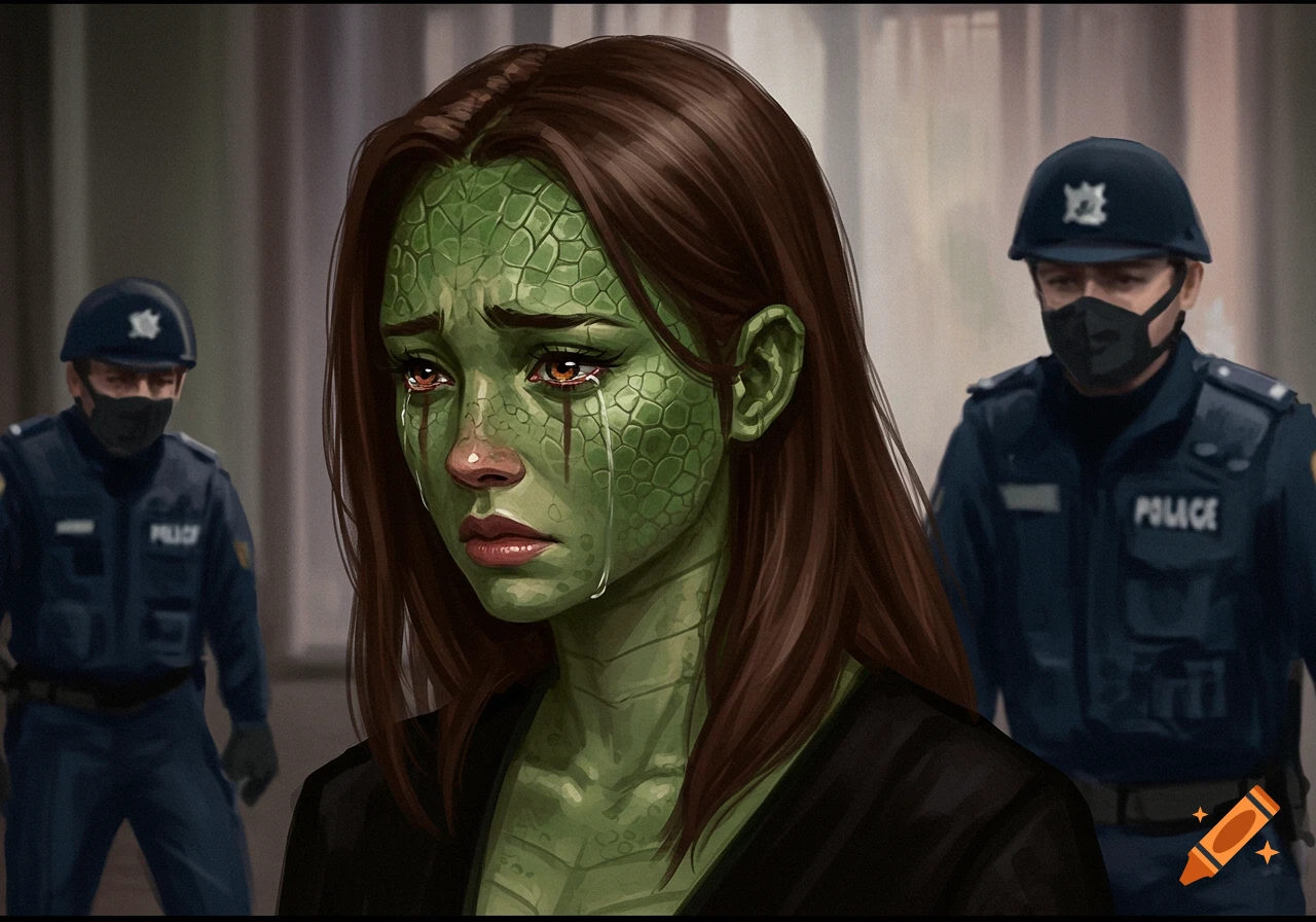 A crying reptile humanoid woman with green scales and brown hair ...