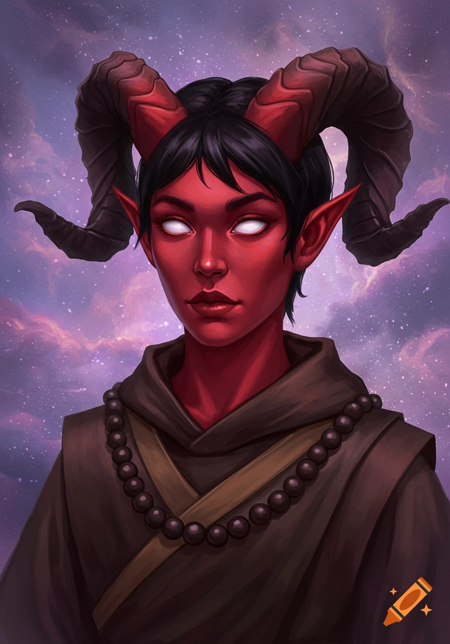 A bust portrait of a red-skinned Tiefling woman with short black hair ...