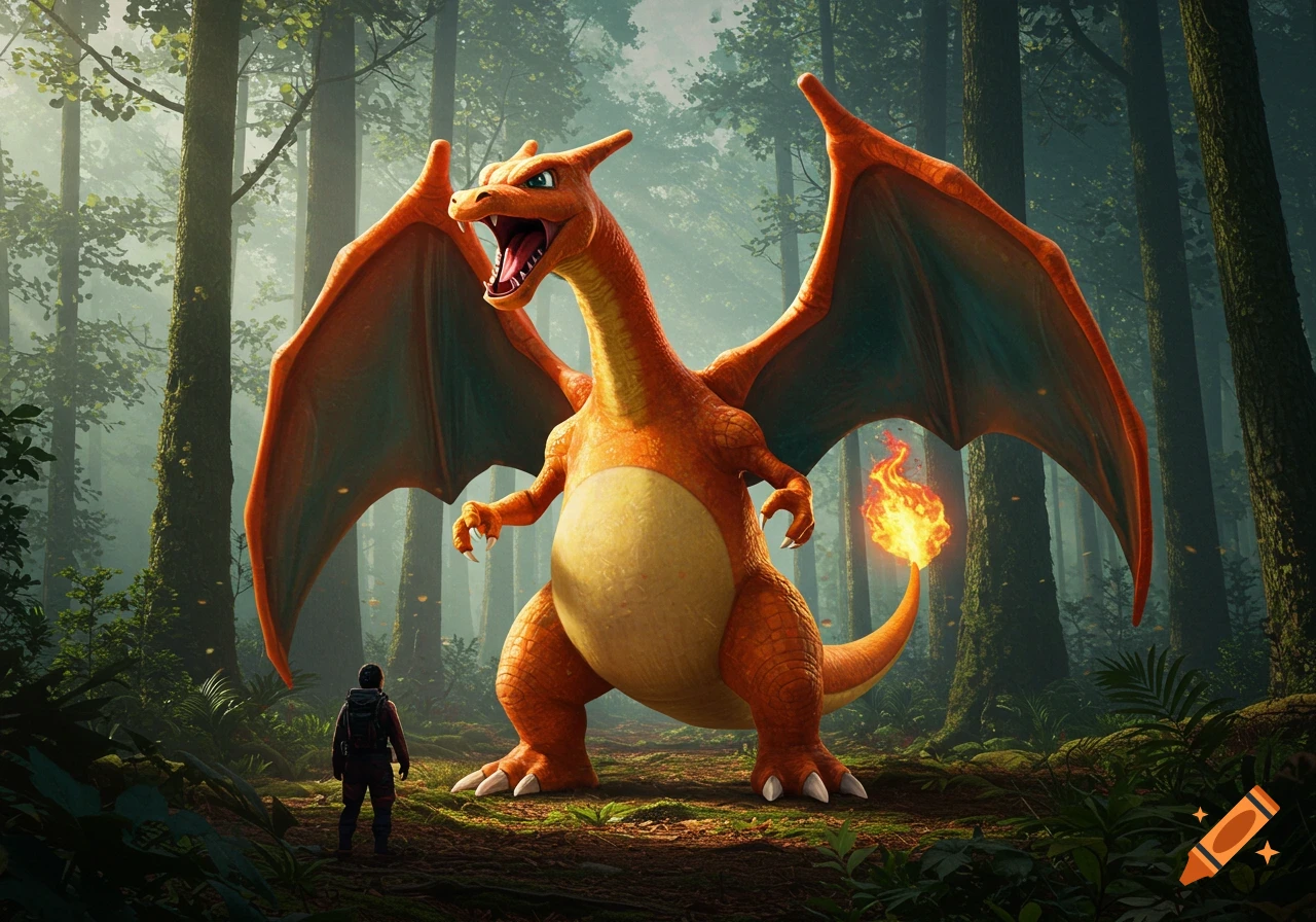 A photorealistic Charizard with a flaming tail stands in a misty forest ...