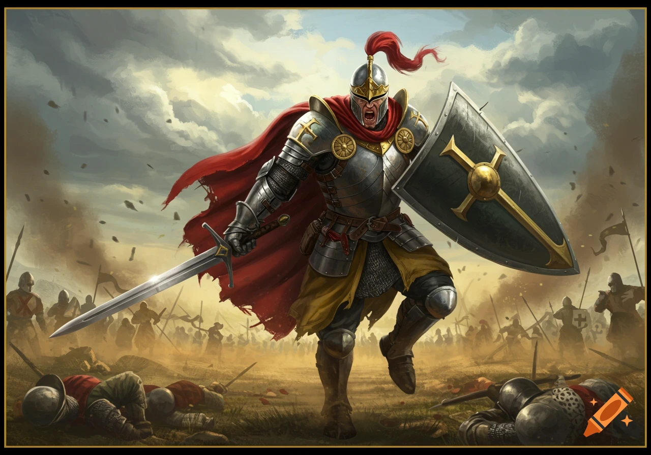 A roaring knight in shining armor charges into battle, sword in hand ...