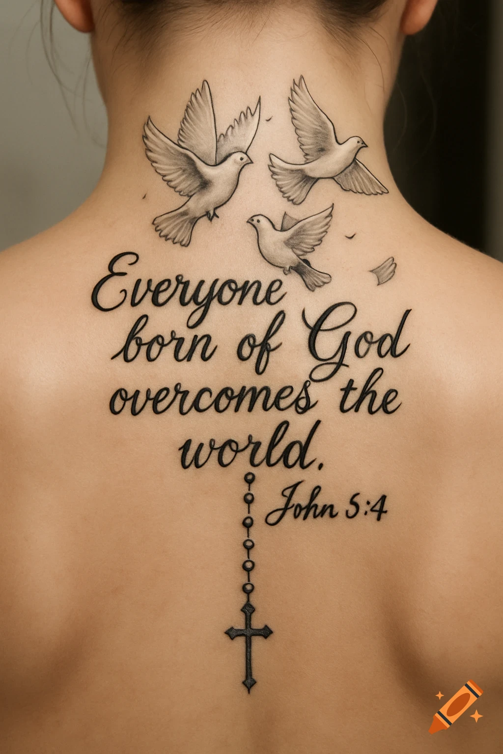 A tattoo on the back of a person's neck featuring three flying white ...