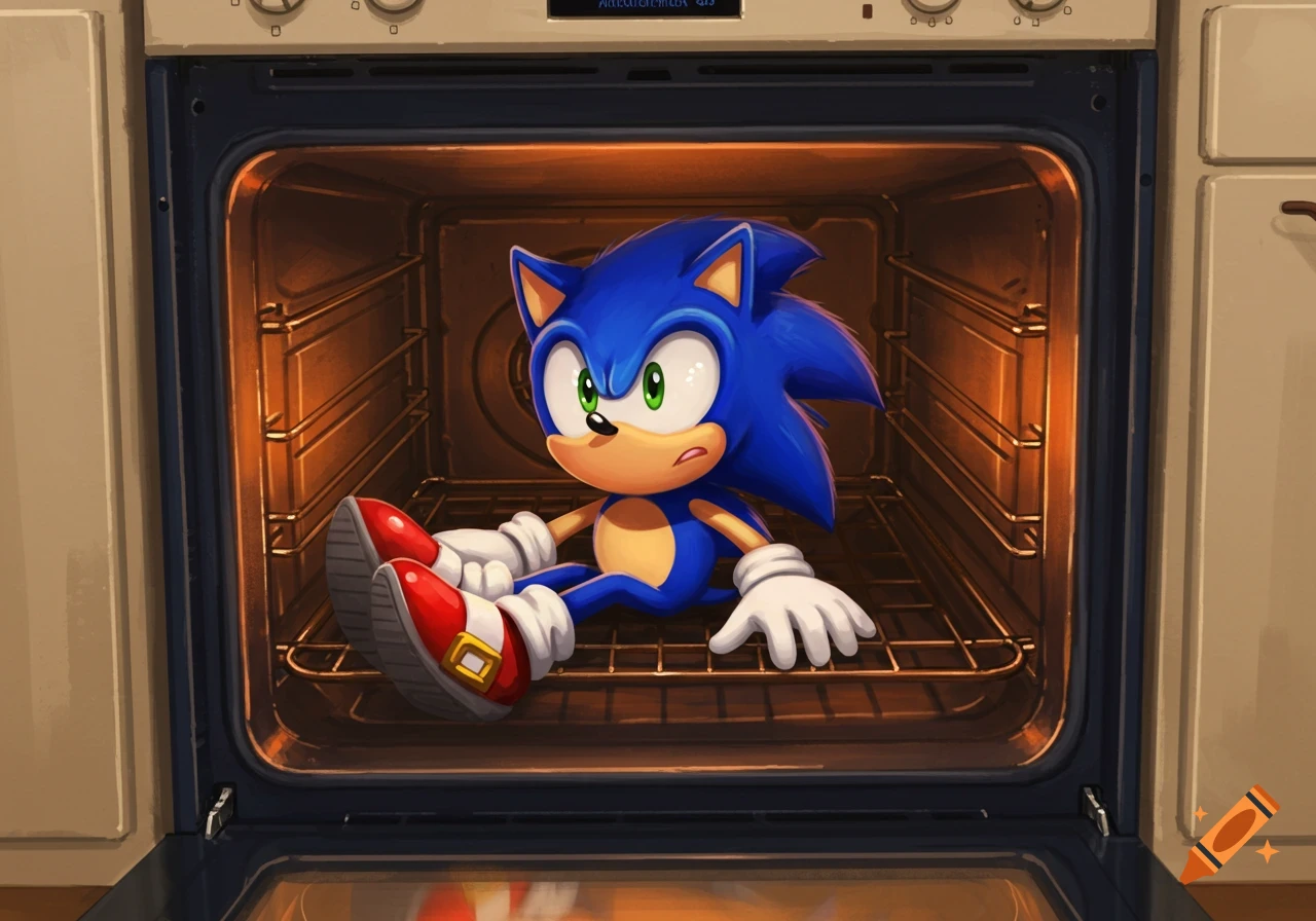Sonic the Hedgehog sitting inside an open oven with a worried ...