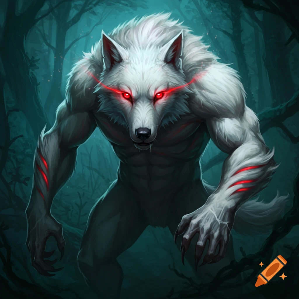 A muscular white werewolf with glowing red eyes stands aggressively in ...