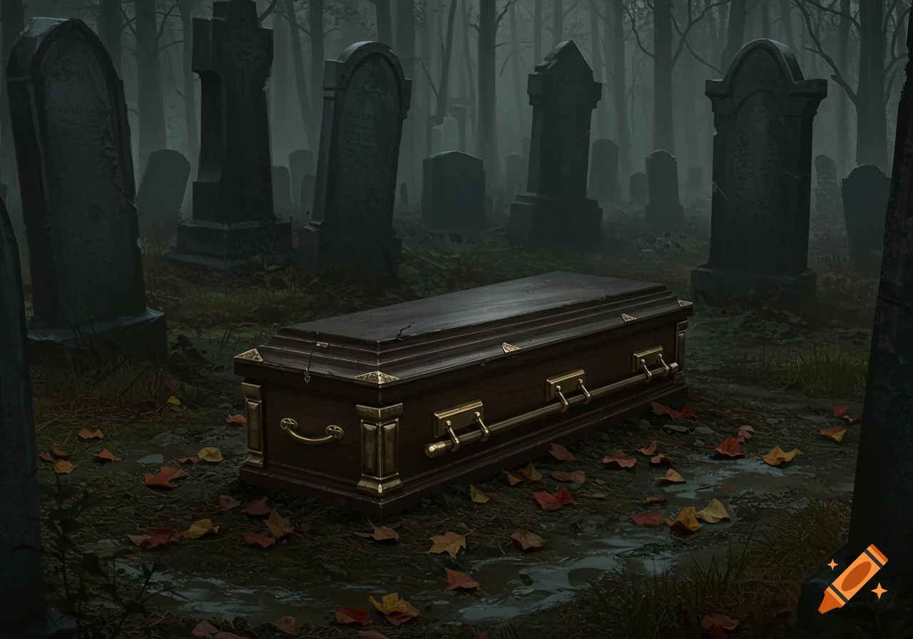 A wooden coffin sits on damp ground in a foggy, dark graveyard with old ...