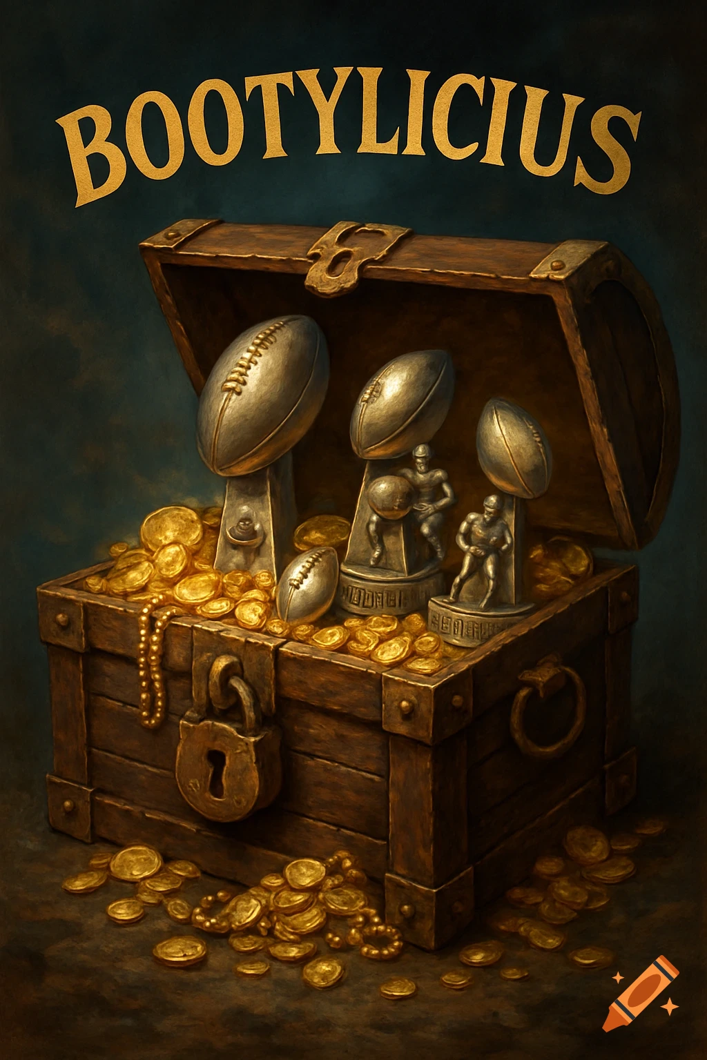 A wooden pirate treasure chest overflowing with gold coins, pearls, and ...