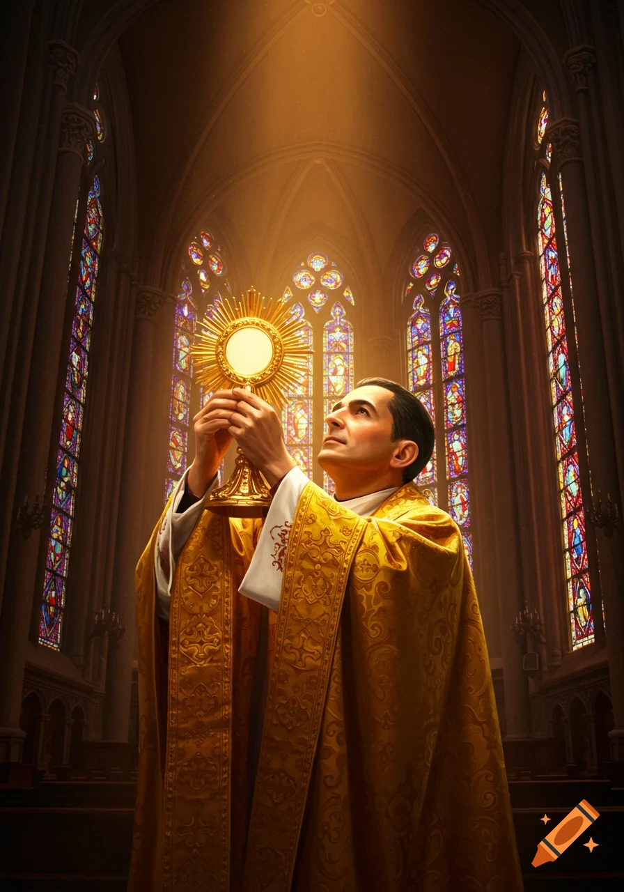 A priest in golden vestments holds up a shining monstrance in a grand ...