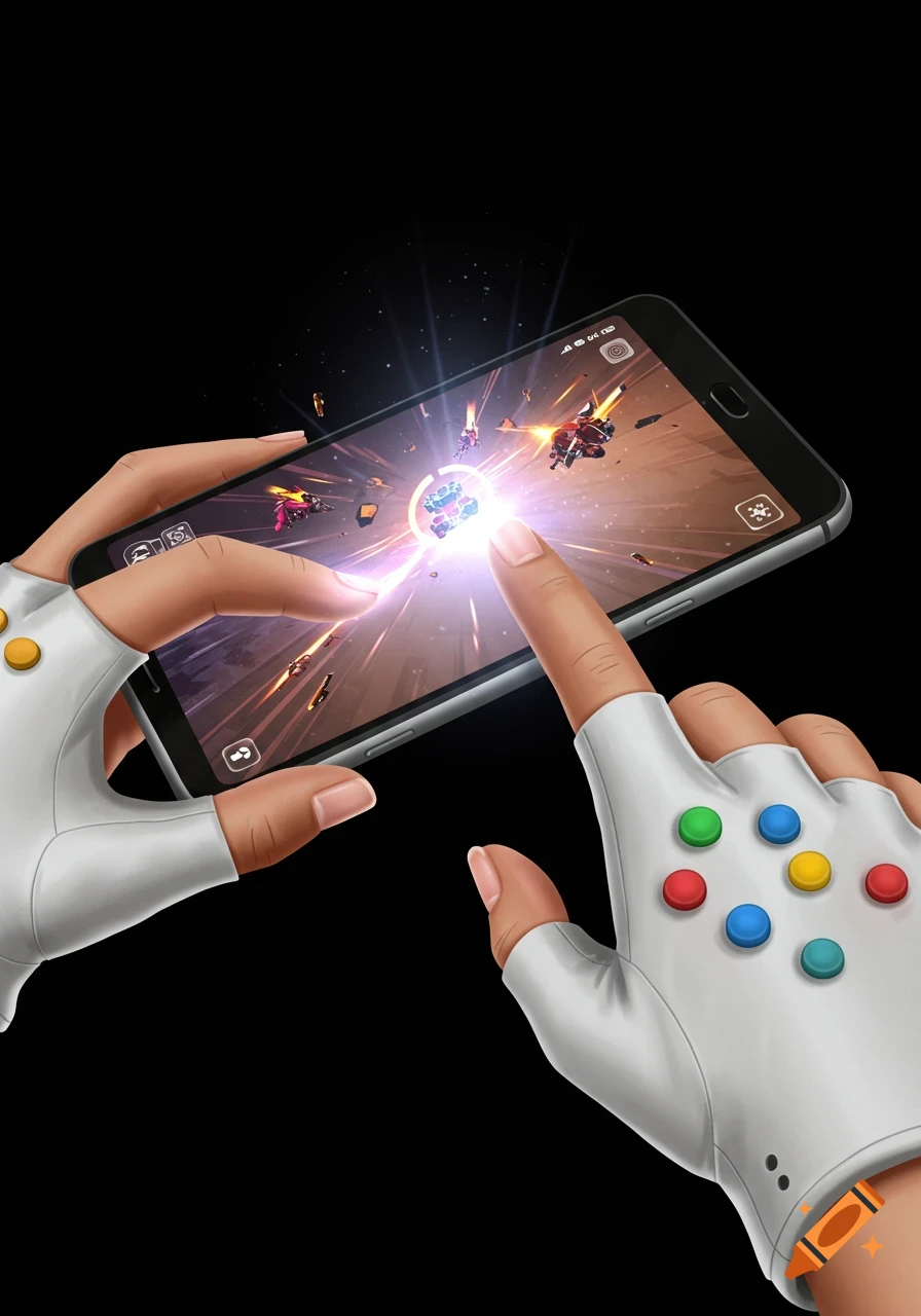 Close-up of hands wearing white fingerless gaming gloves, playing a ...