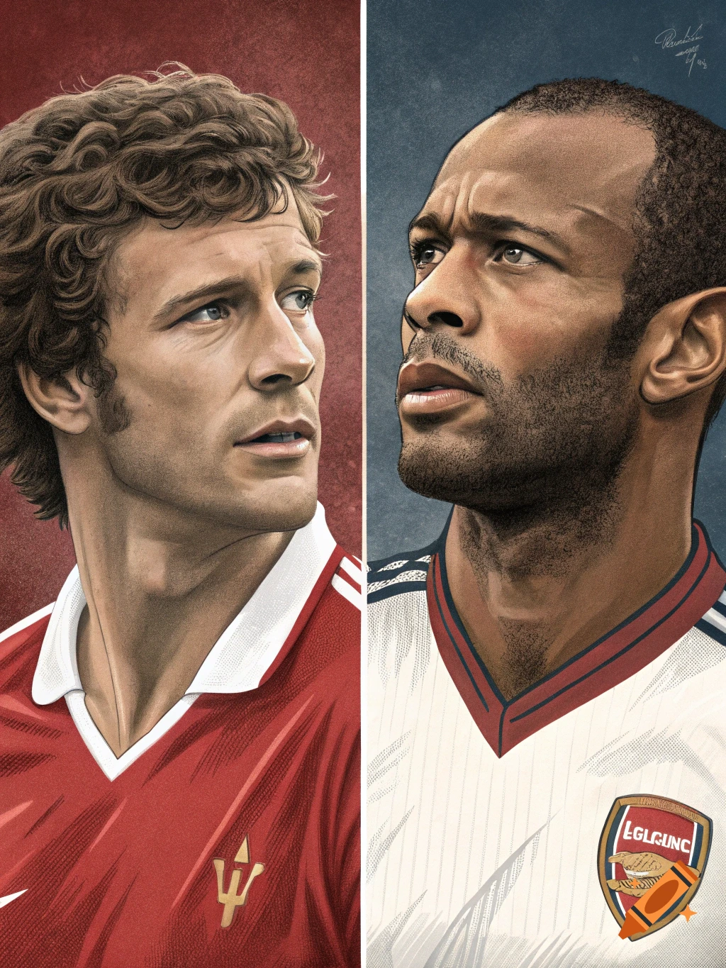 Digital illustration of two male football players, one with curly hair ...