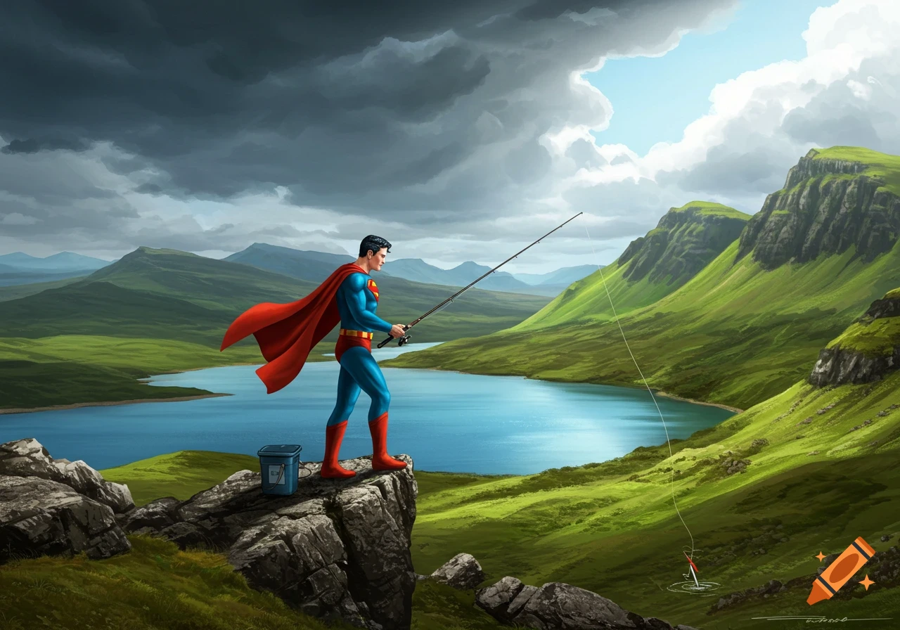 Superman fishing from a rocky cliff over a vast lake, surrounded by ...