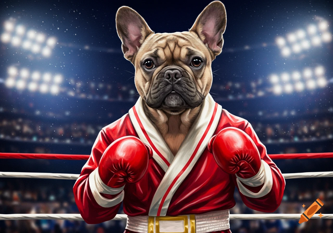 A French bulldog wearing a red boxing robe and gloves stands in a ...