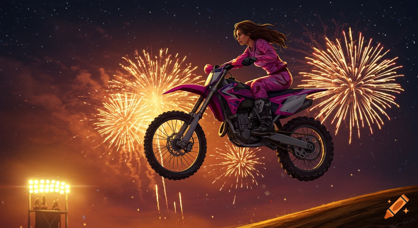 A woman on a dirt bike jumps in the air with fireworks exploding behind ...