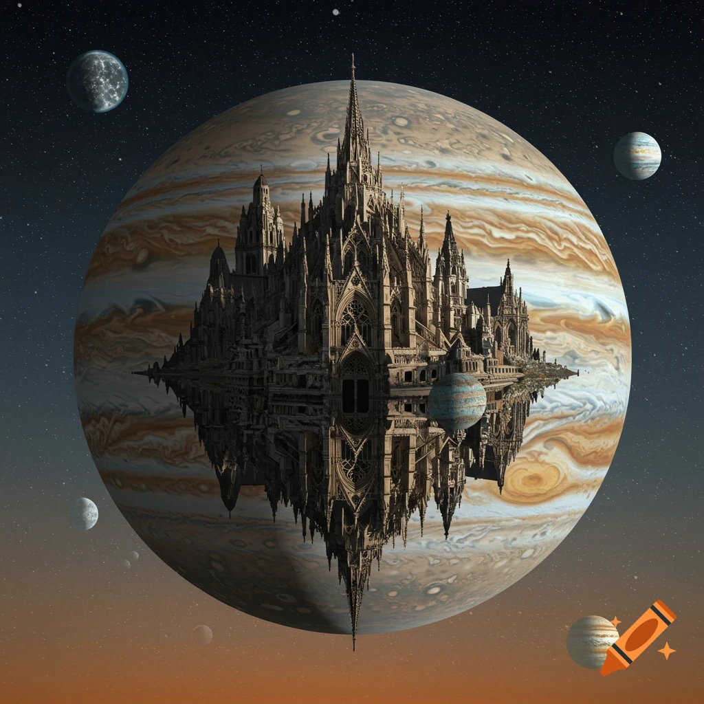 A grand gothic cathedral structure appears to float on the swirling ...