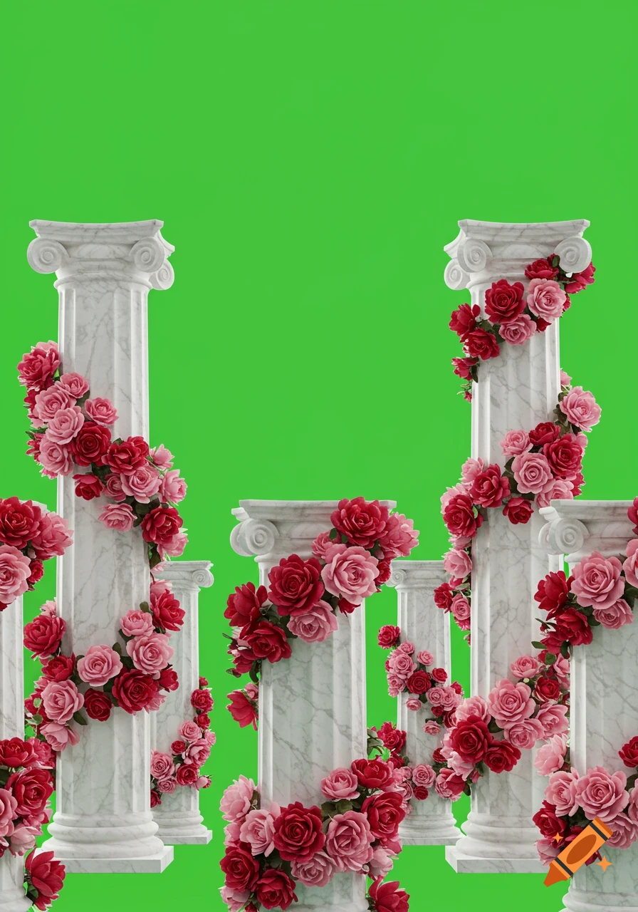 Several photorealistic white marble columns with red and pink roses ...