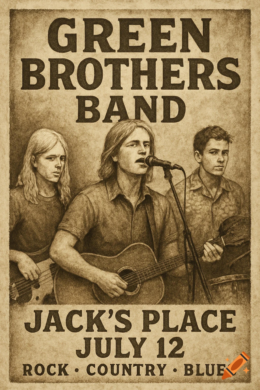 Rustic sepia-toned concert poster for the Green Brothers Band featuring ...