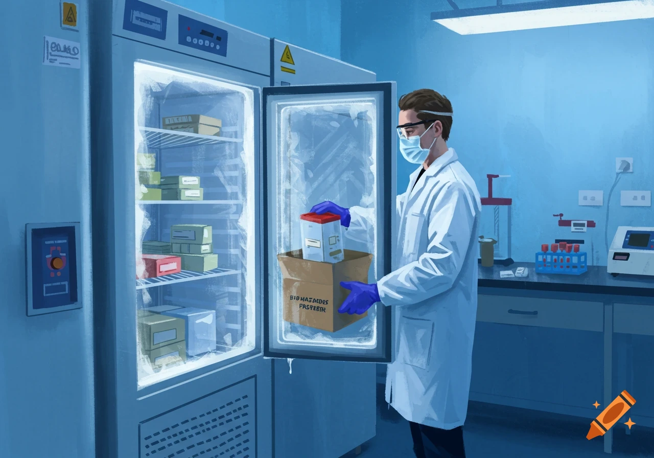 A scientist in a blue-lit laboratory, wearing a lab coat, mask, and ...