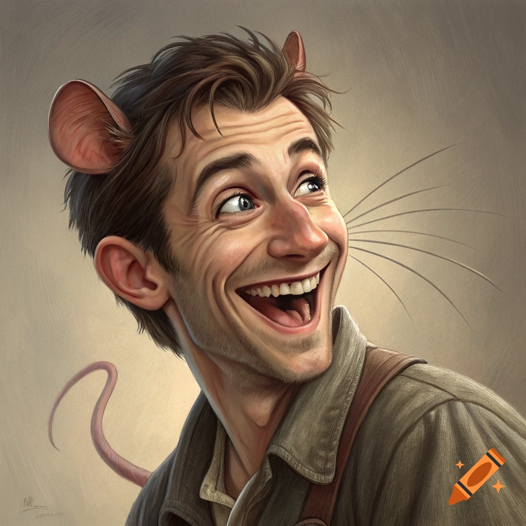 A stylized portrait of a man with rat ears, whiskers, and a tail ...