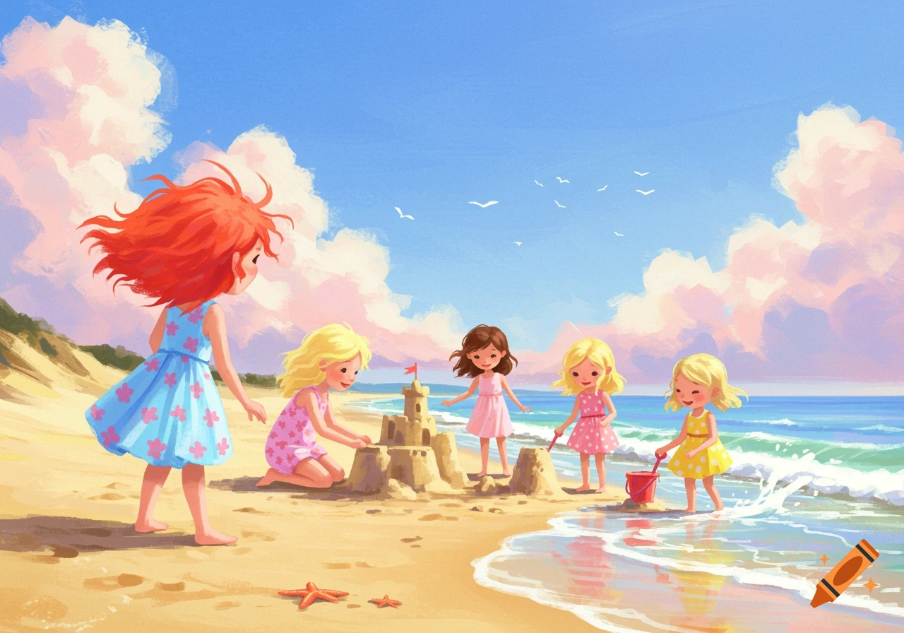 Five cartoon girls play on a sunny beach, building a sandcastle and ...