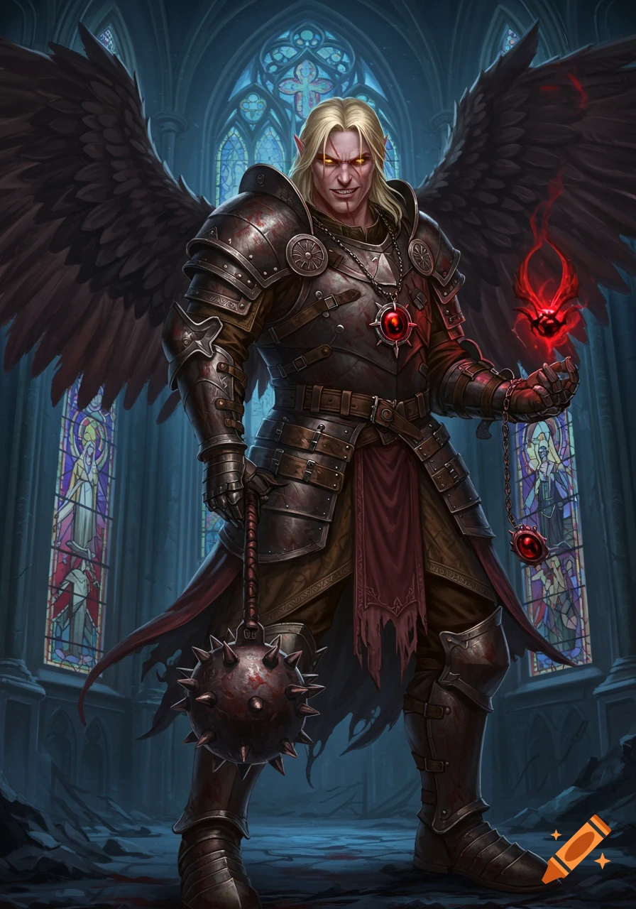 A powerful male fallen aasimar war cleric with dark wings and glowing ...