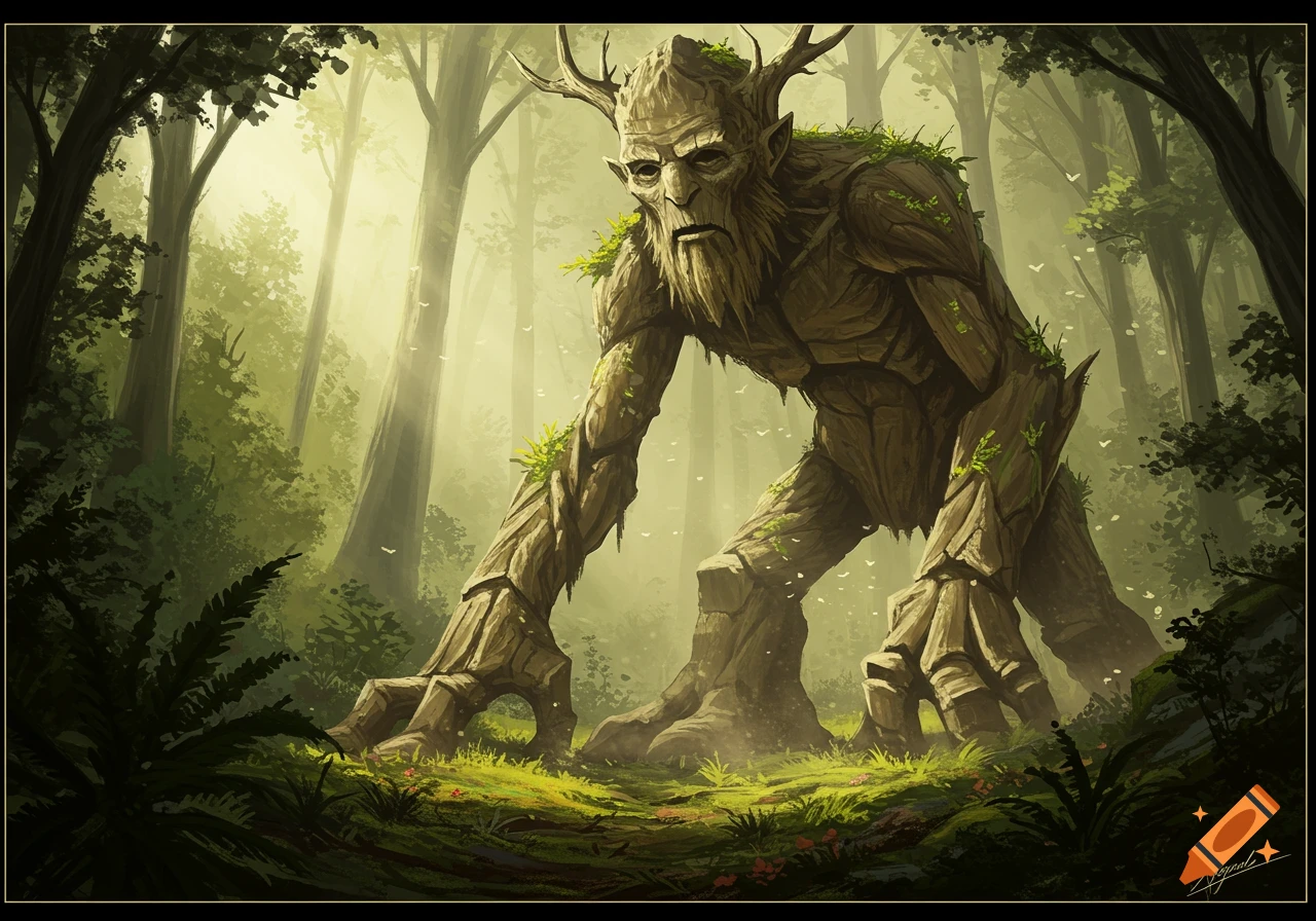 A massive, ancient tree-like creature with antlers and moss, an ent ...