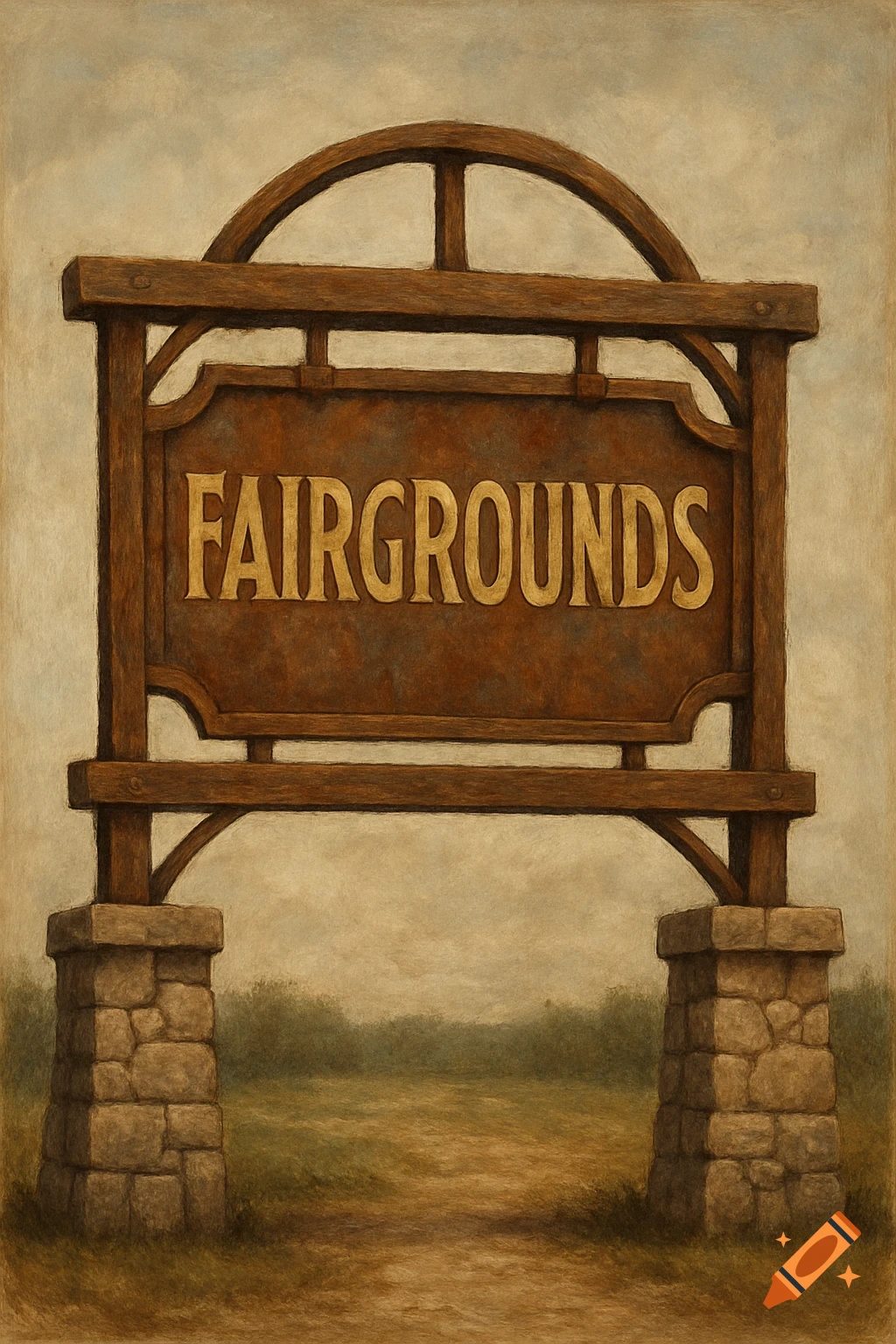 A rustic wooden sign with a stone base reads FAIRGROUNDS against a ...