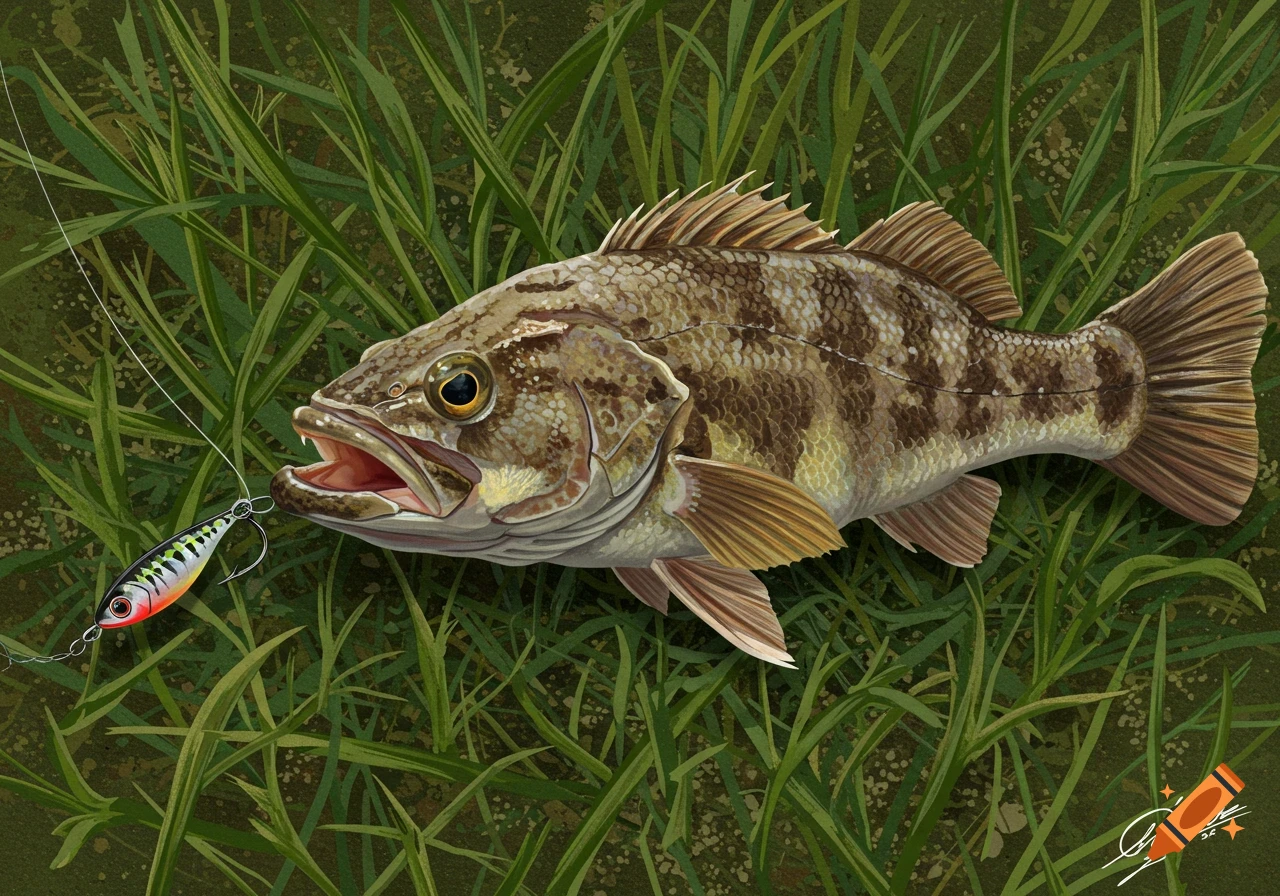 A detailed illustration of a flathead fish with a fishing lure in its ...