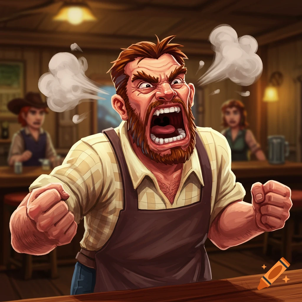 Cartoon angry bearded bartender yelling with steam coming out of his ...