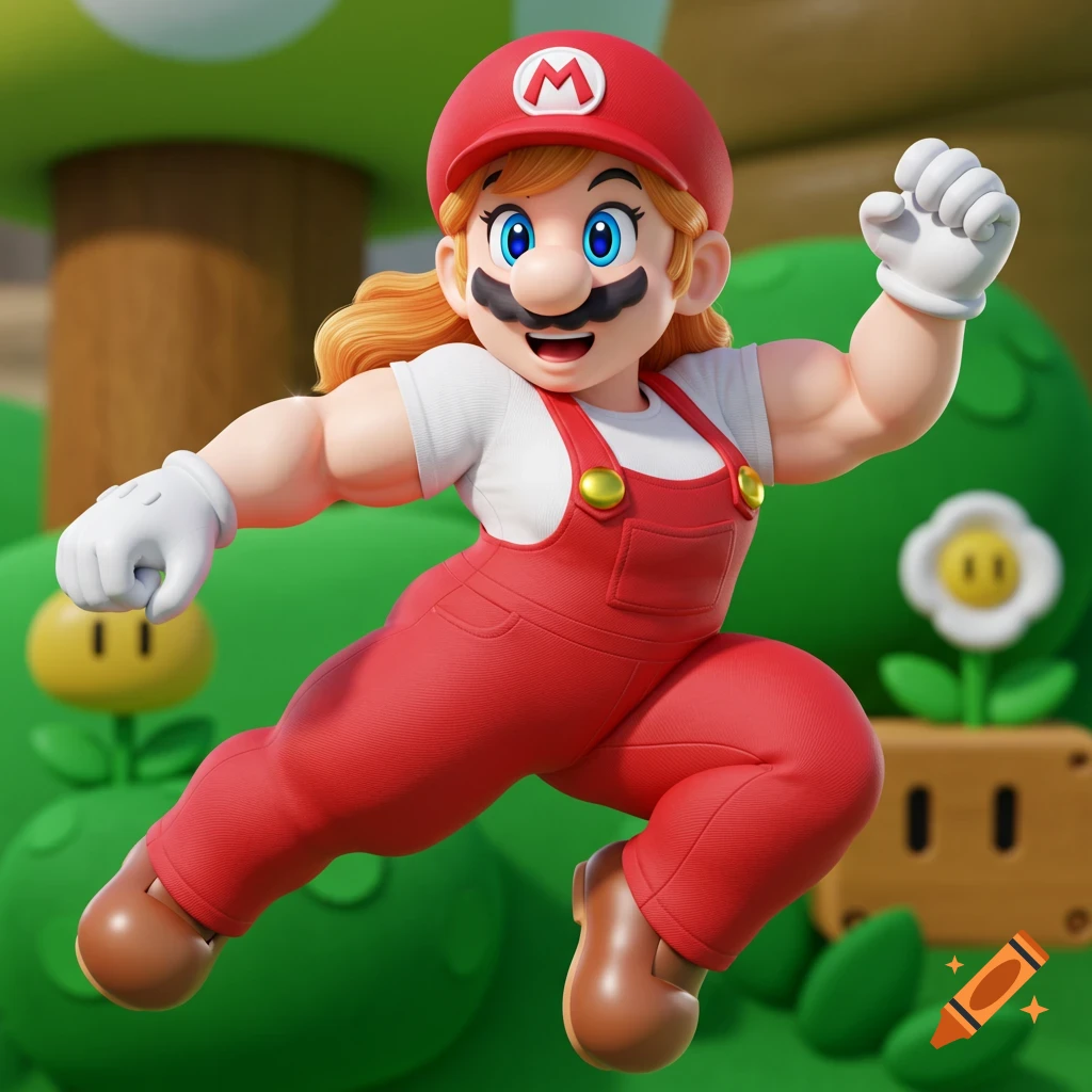 A muscular, photorealistic female Mario with a mustache, red overalls ...