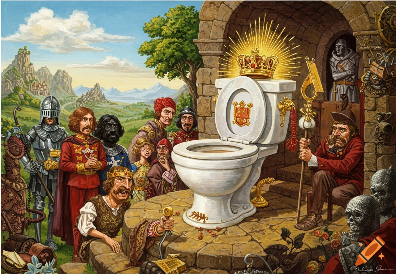 A detailed illustration of medieval characters worshipping a toilet ...
