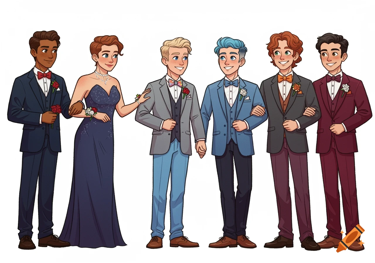 Six animated teenagers, five males and one female, dressed in colorful ...
