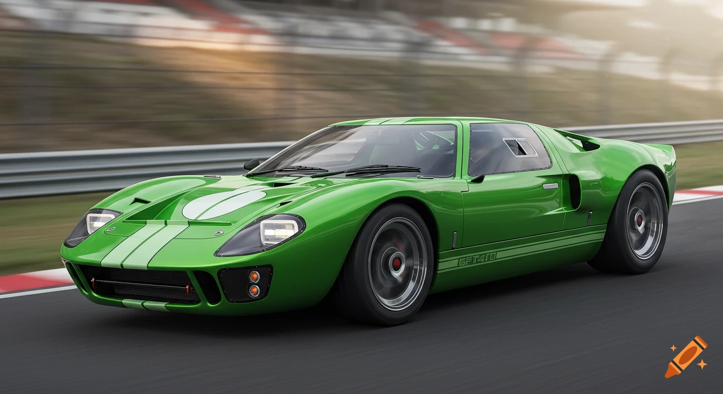 A bright green classic Ford GT40 race car with white stripes speeds ...