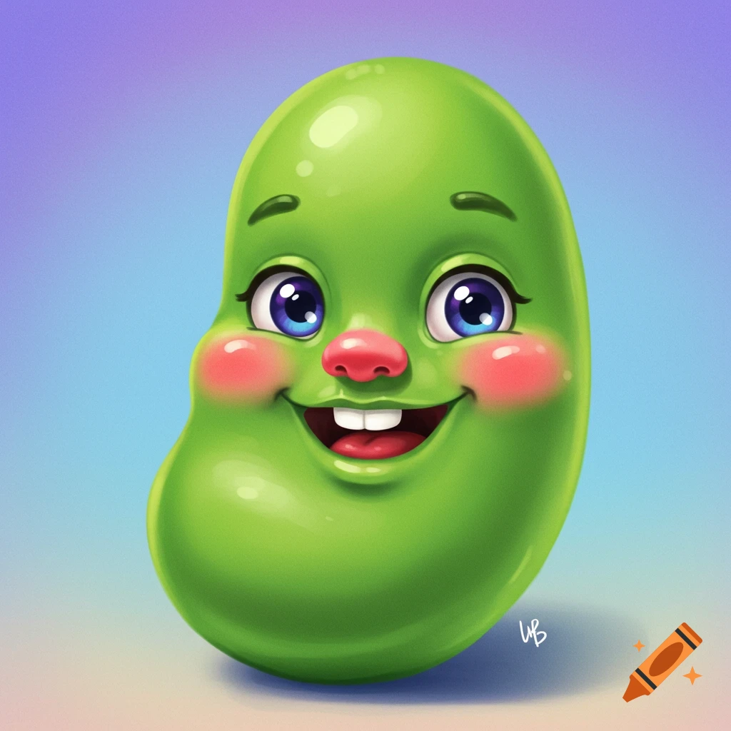 A cartoon green bean with a happy face, big blue eyes, rosy cheeks, and ...