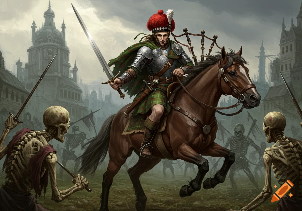 A Scottish knight on horseback with a sword fights undead skeletons in ...