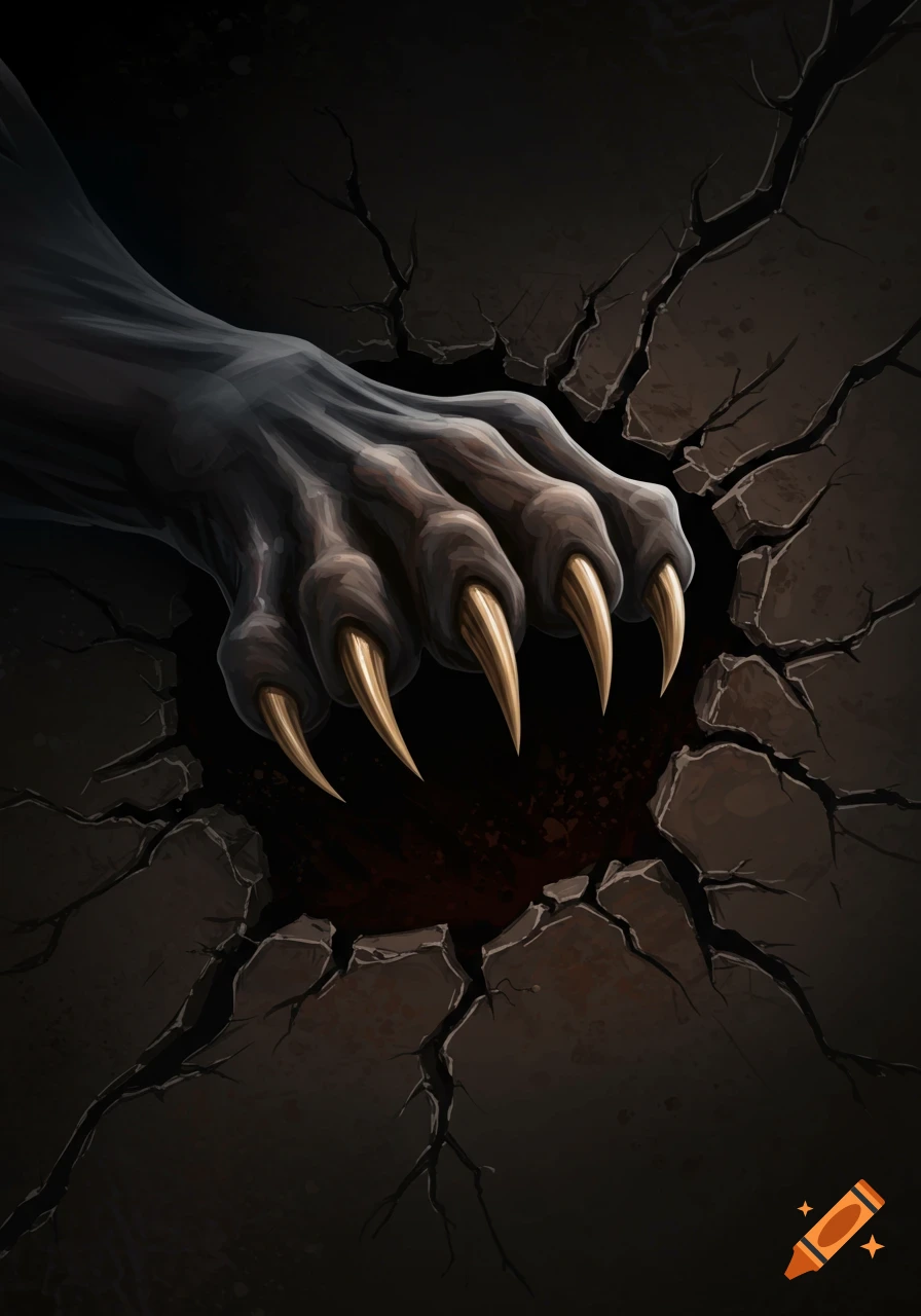 A dark, monstrous claw with sharp gold talons tears through a cracked ...