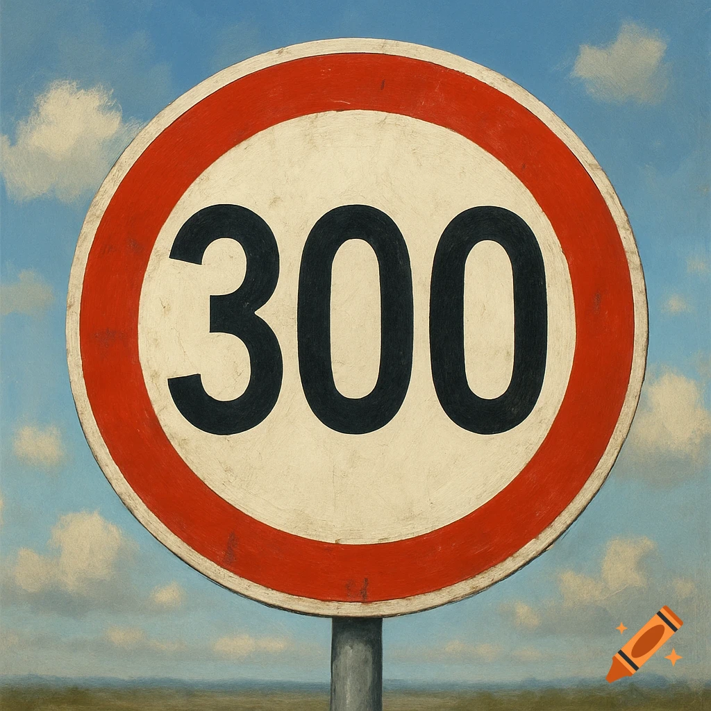 A speed limit sign showing '300' against a cloudy blue sky and distant ...