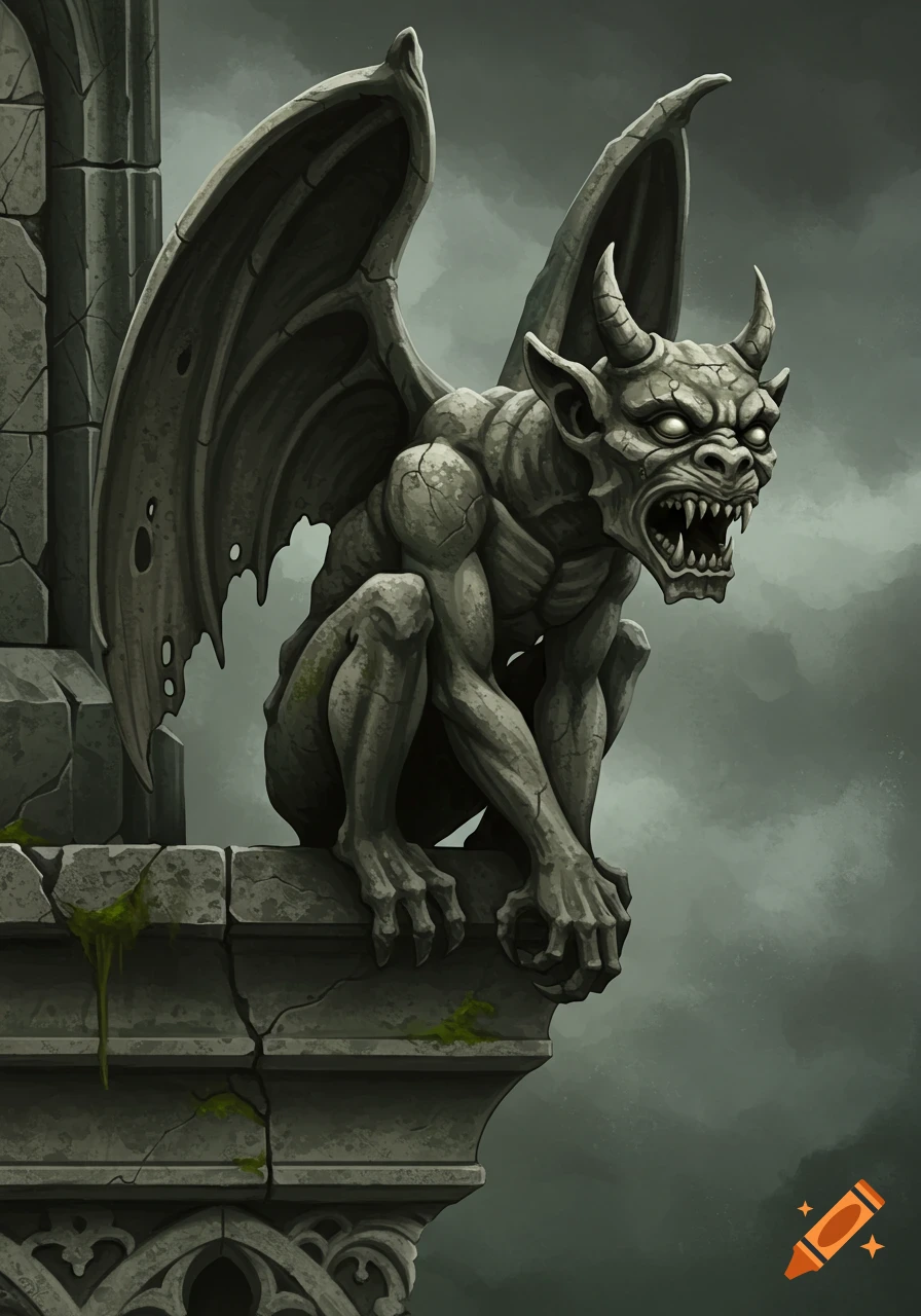 A detailed stone gargoyle with large wings, horns, and sharp teeth ...