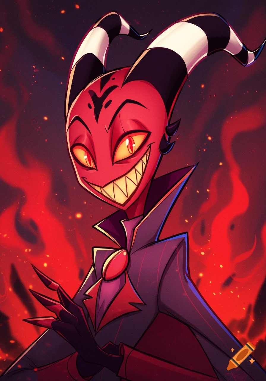 A red demon character with black and white striped horns, glowing eyes ...