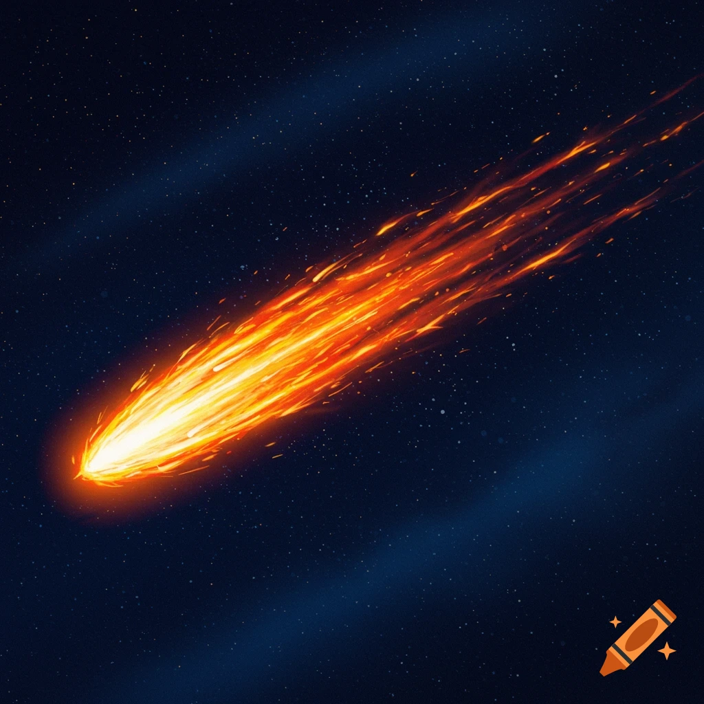 An bright orange shooting star with a long fiery tail streaks ...